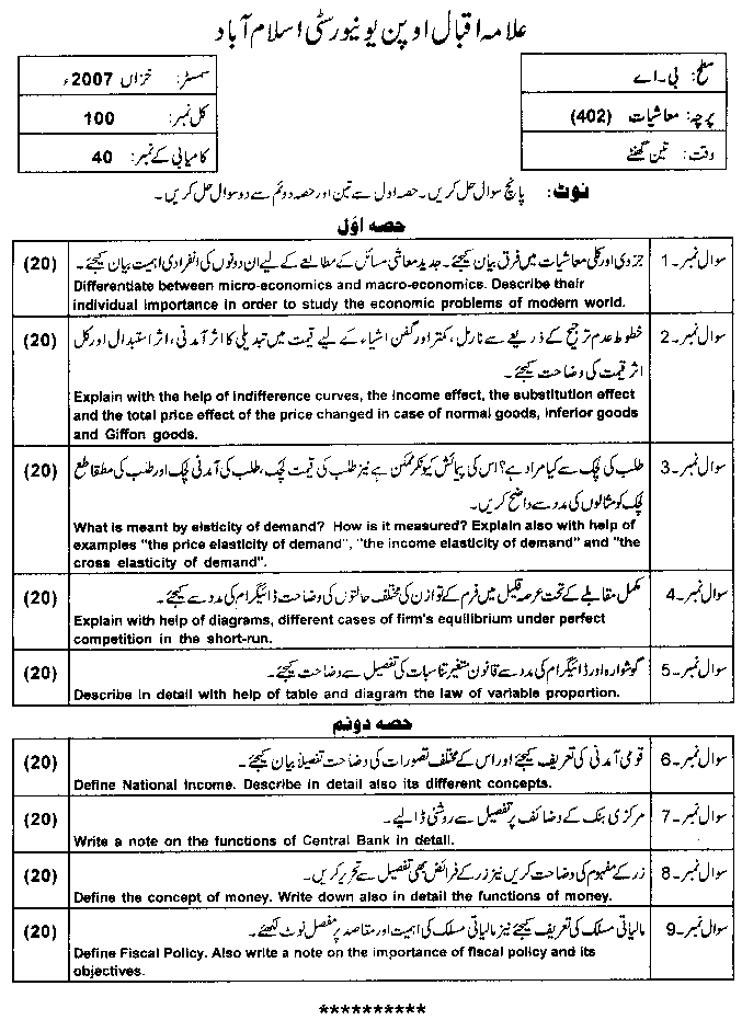 AIOu Old Papers, Sample papers, Patern papers of AIOU free Download