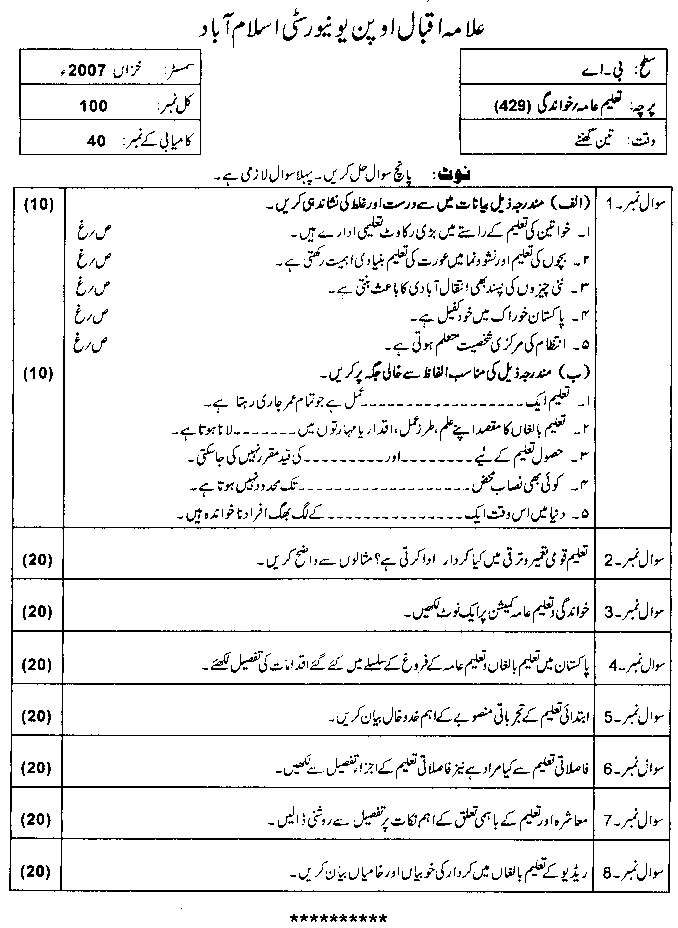 AIOu Old Papers, Sample papers, Patern papers of AIOU free Download